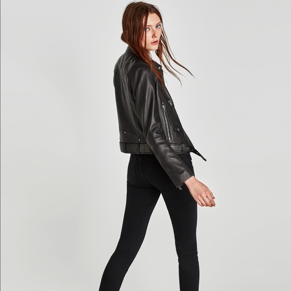 Zara | Jackets & Coats | Zara Black Leather Motorcycle Biker Jacket ...